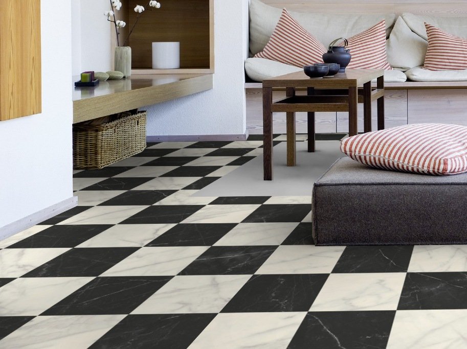 Vinylgulv - Sorte & Hvide Marmor Fliser - Se vores gulve her